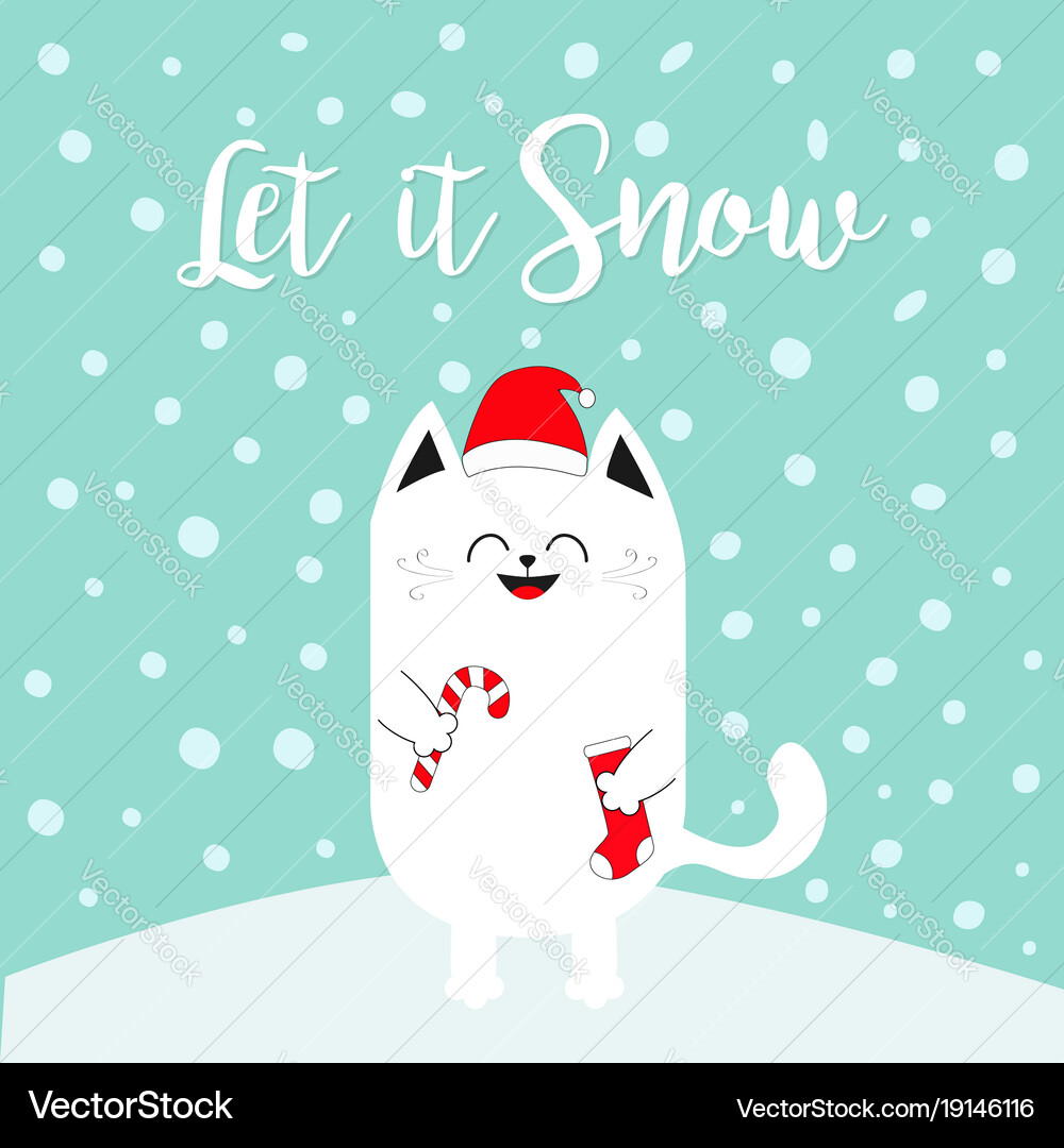 Let it snow white cat holding candy cane sock red Vector Image