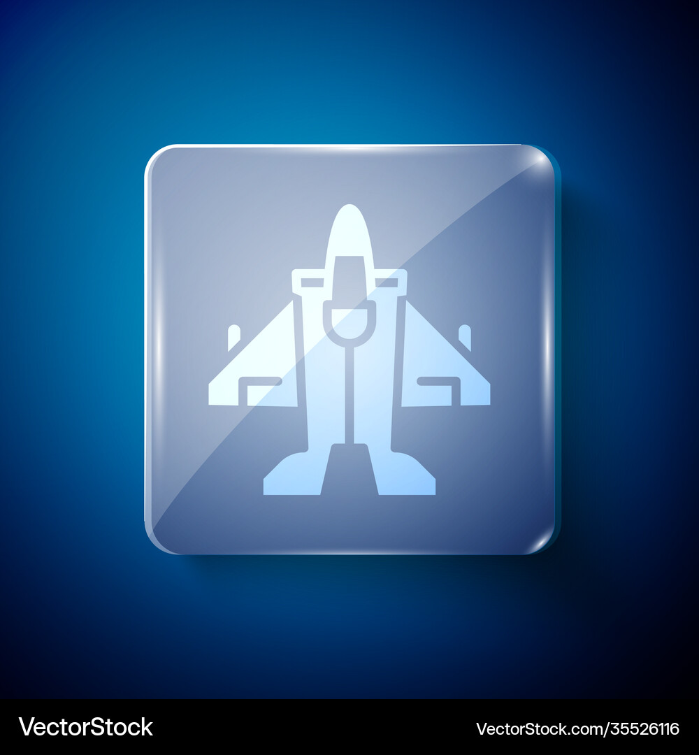 White jet fighter icon isolated on blue background