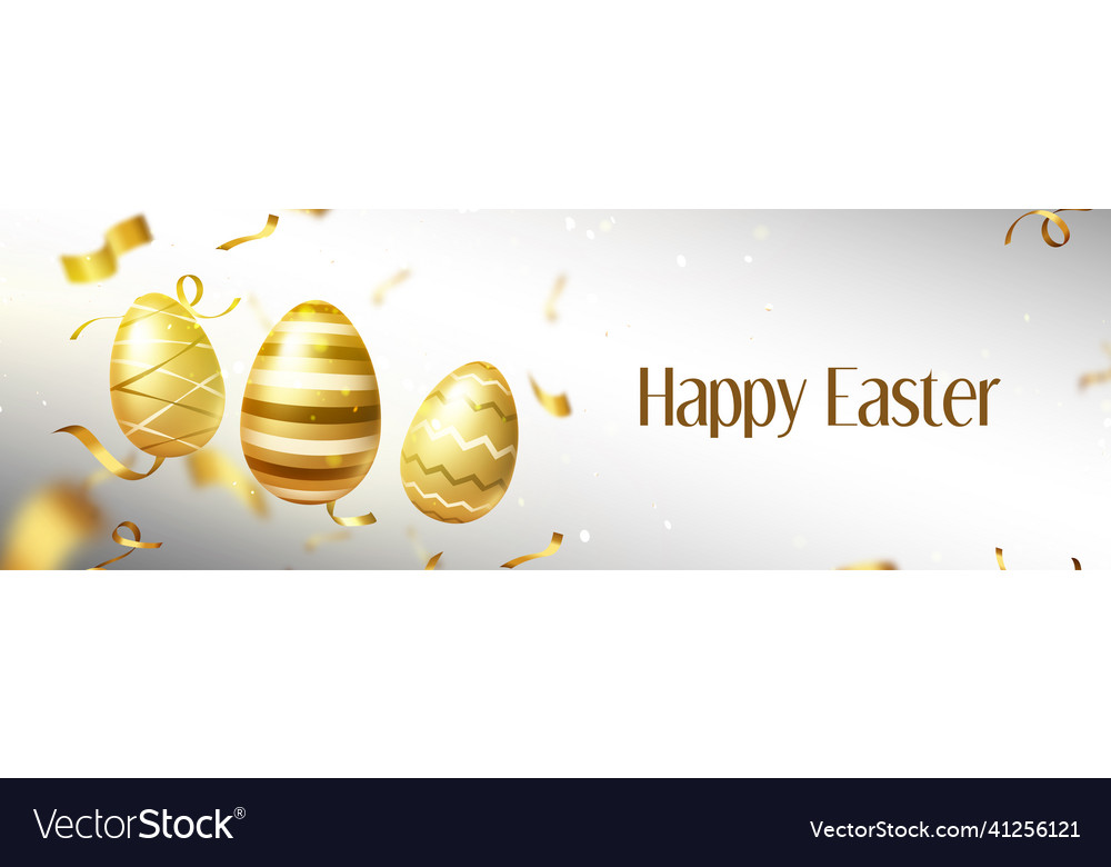Happy easter banner with gold eggs and confetti Vector Image