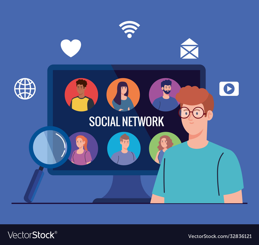 Social network people connected in computer Vector Image