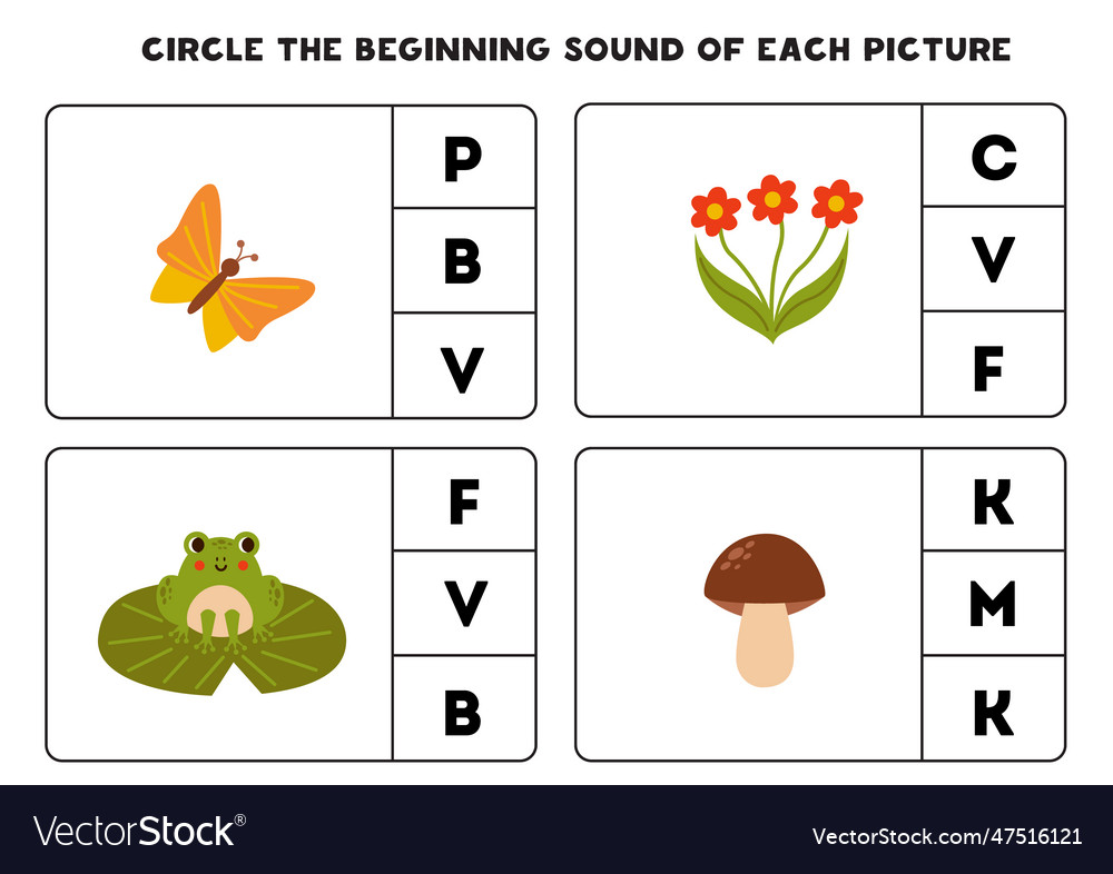 Worksheet for kids find the beginning sound Vector Image