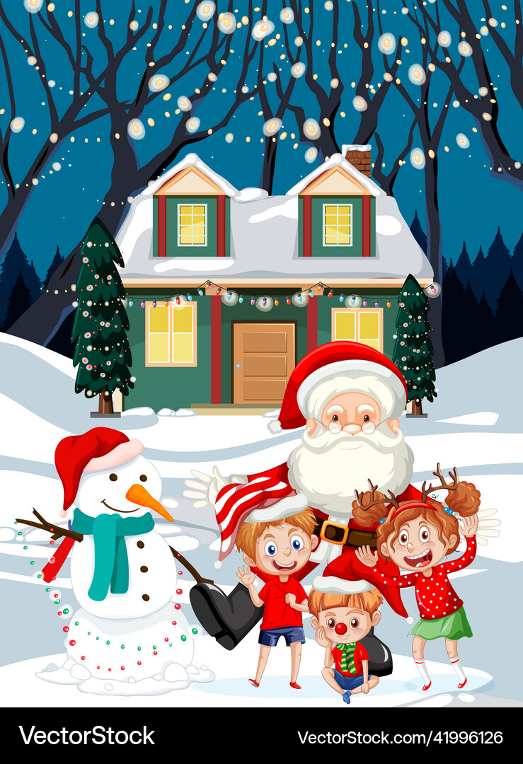 Happy children celebrating christmas in front Vector Image