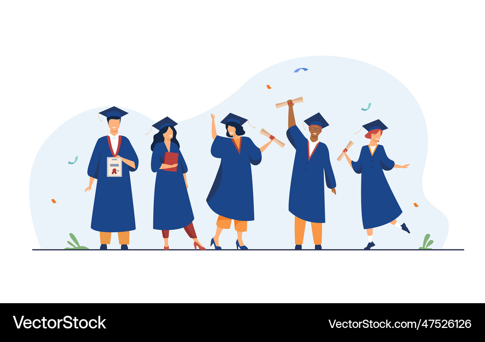Happy diverse students celebrating graduation from