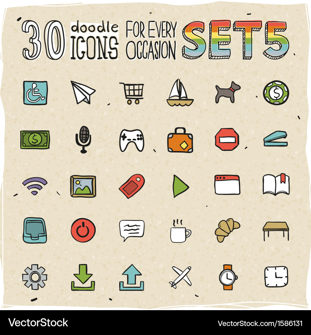 30 colorful doodle icons set 5 Royalty Free Vector Image