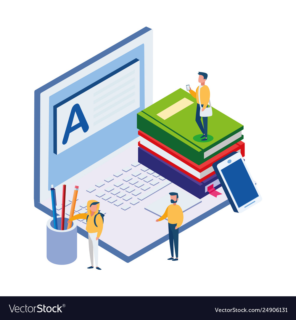 Pile text books with laptop and mini people Vector Image