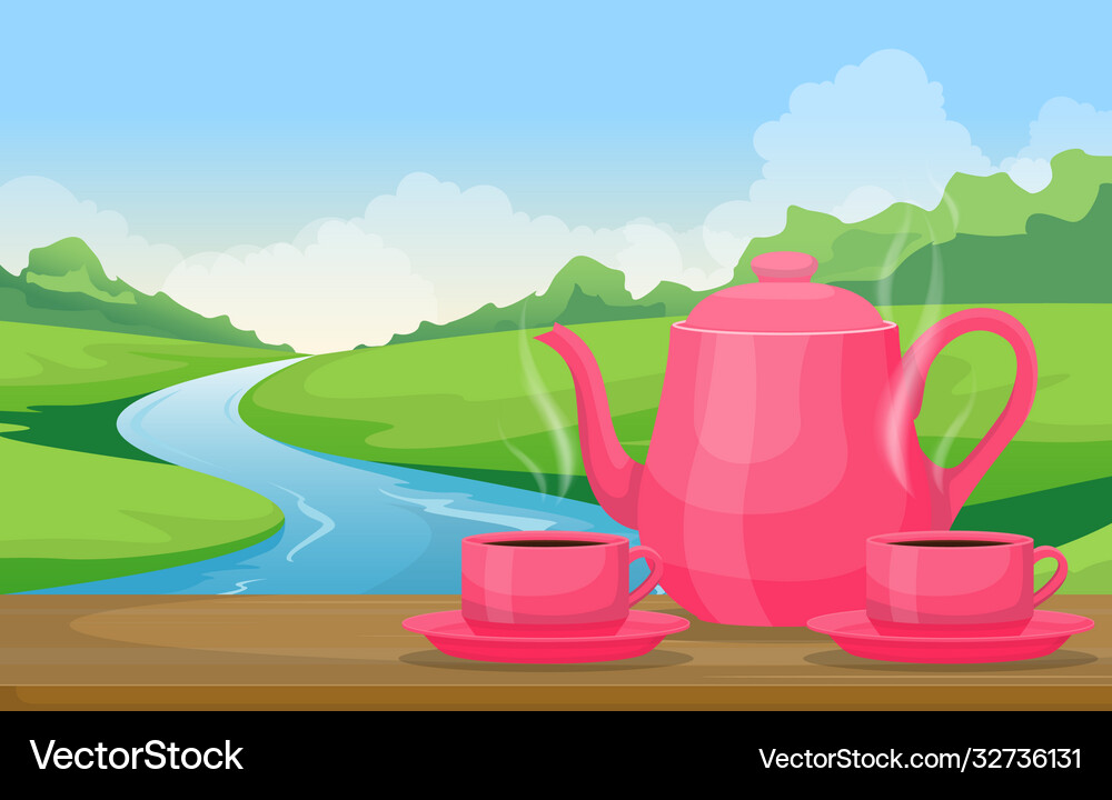 Teapot cups tea on table outdoor nature Royalty Free Vector