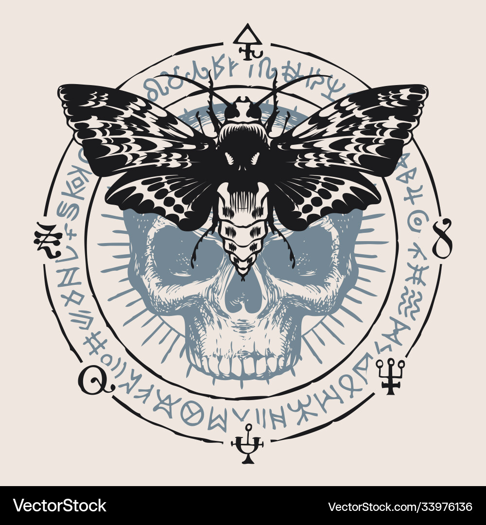 Occult hand-drawn banner with moth and human skull