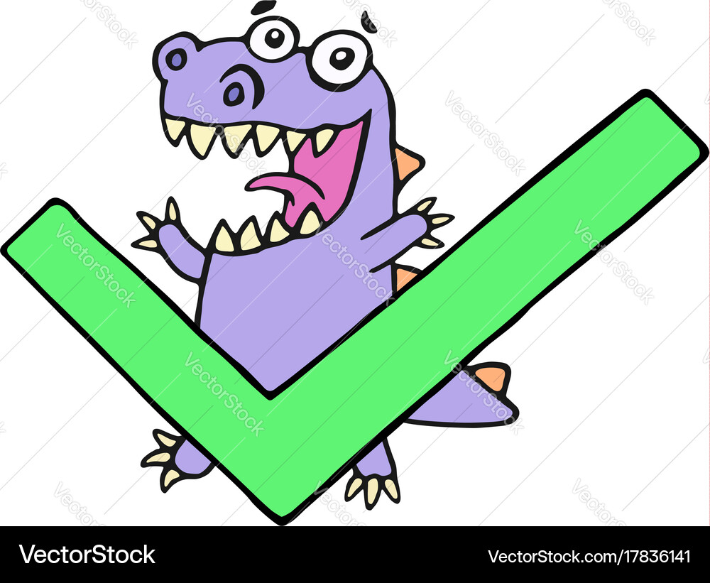 Happy dragon and big green tick Royalty Free Vector Image