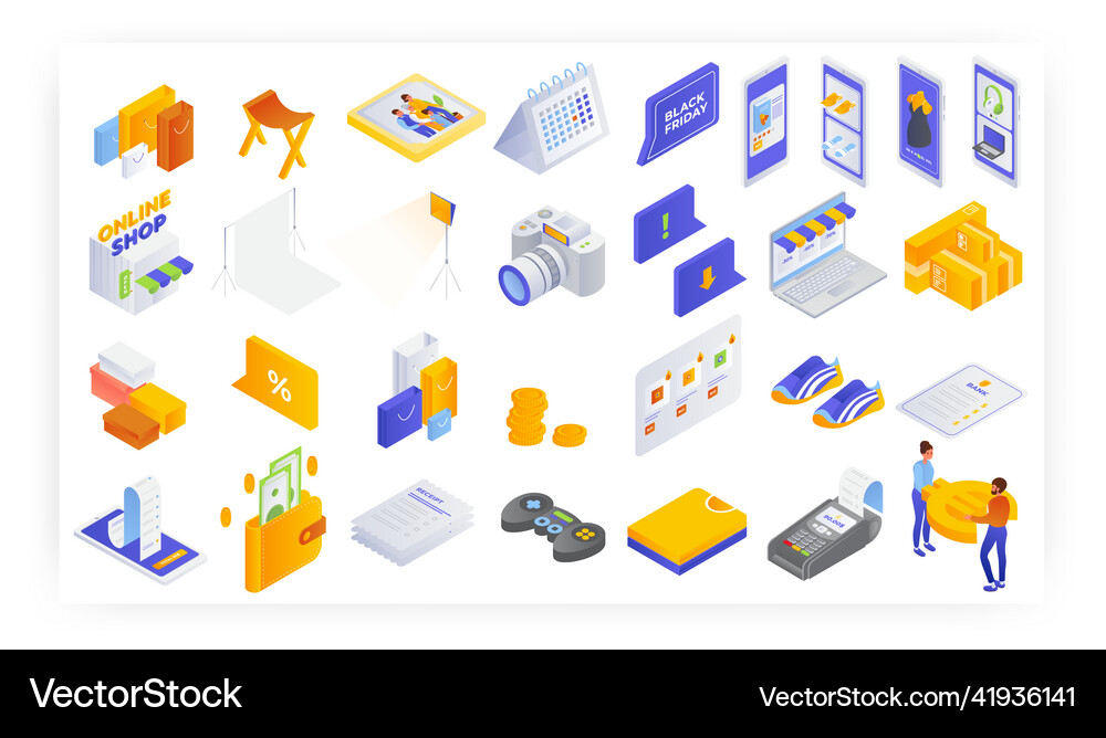 Online shop isometric icon set sales Royalty Free Vector