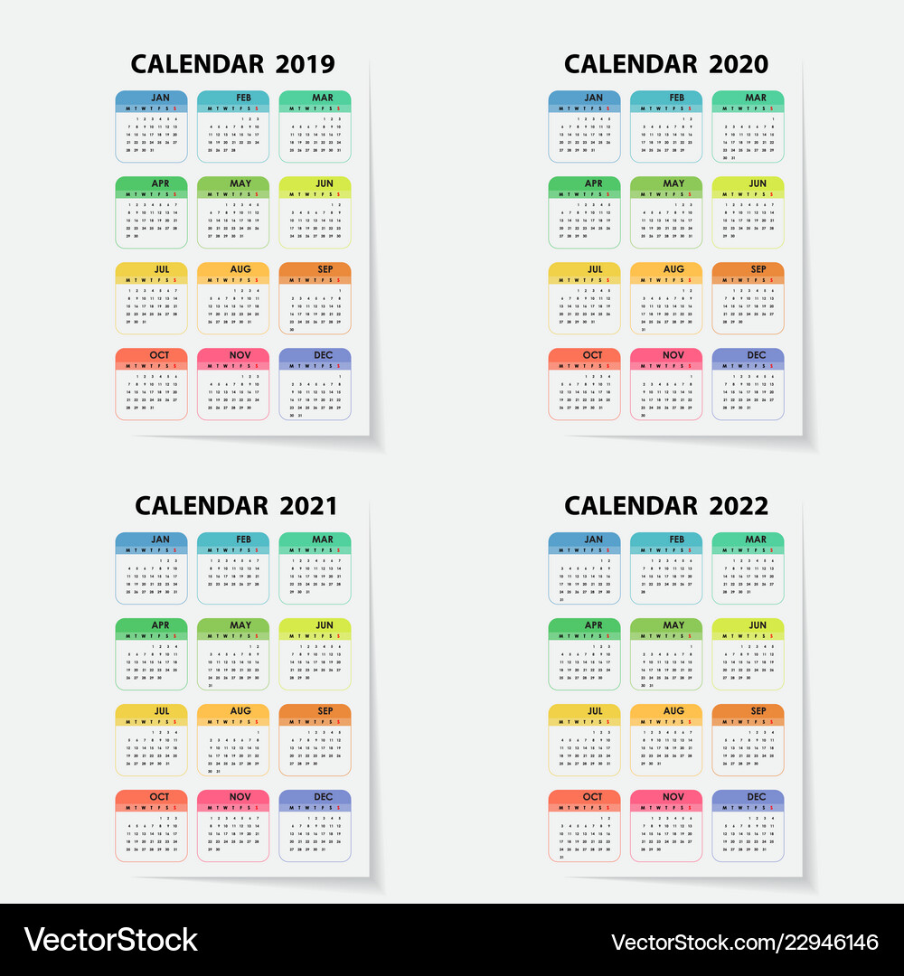 Calendar 2019 2020 2021 and 2022 Royalty Free Vector Image