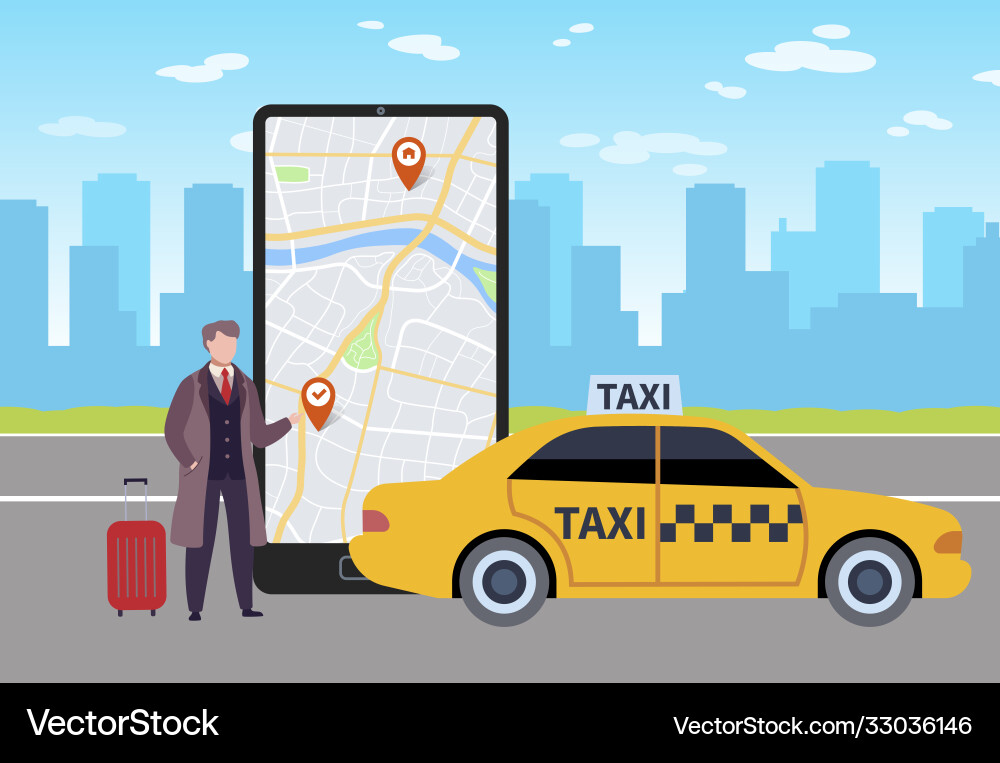 Online taxi man calls through application Vector Image