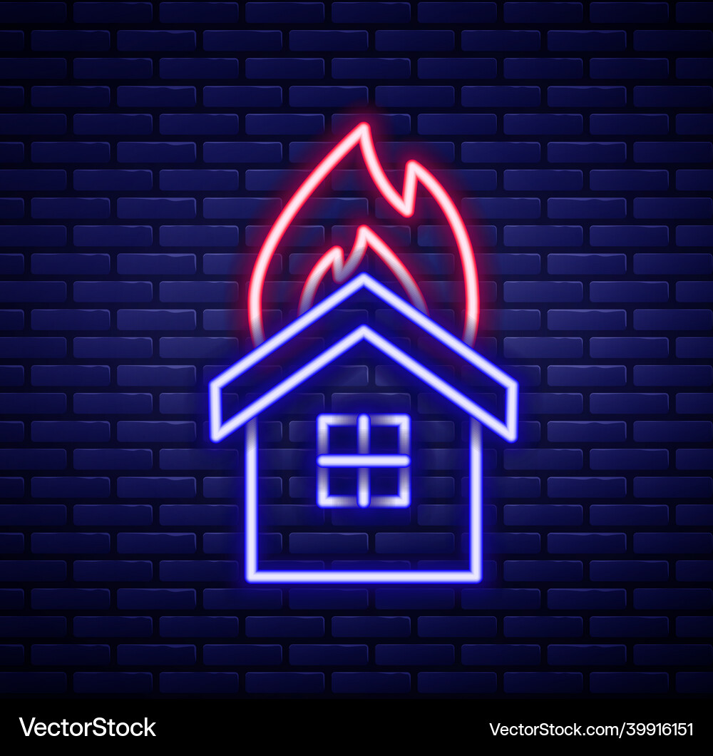 Glowing neon line fire in burning house icon Vector Image