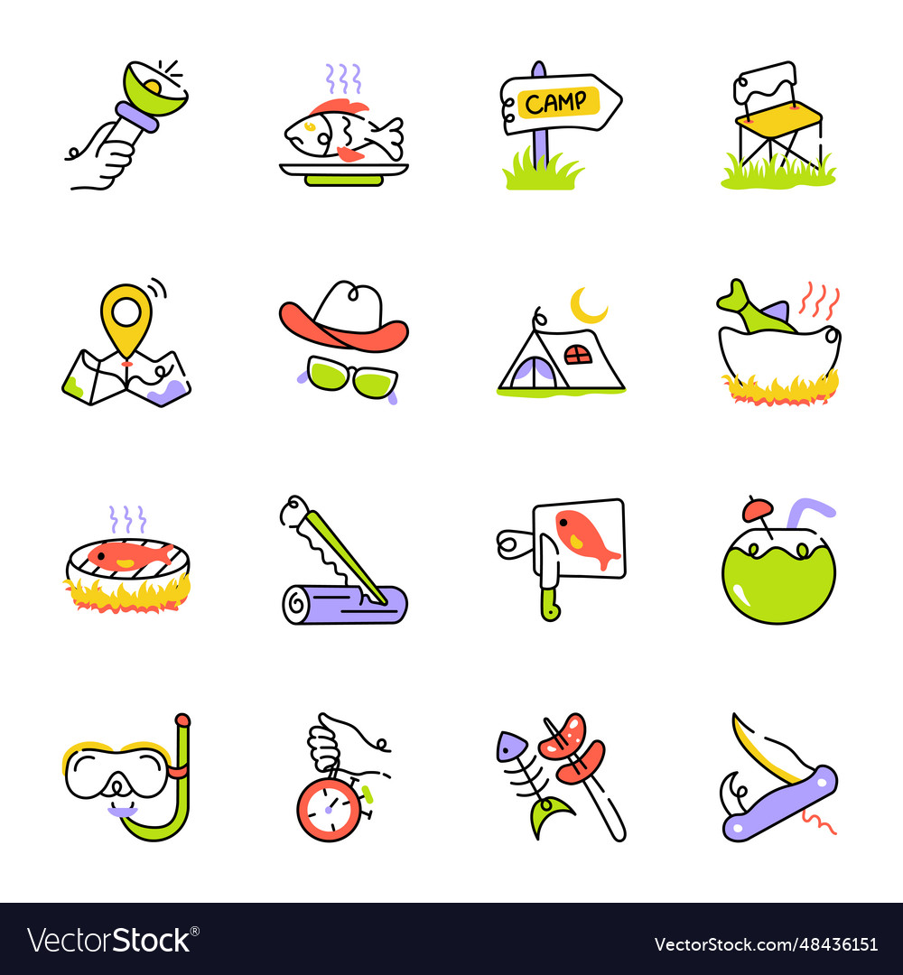 Set of fishing and camping doodle icons Royalty Free Vector