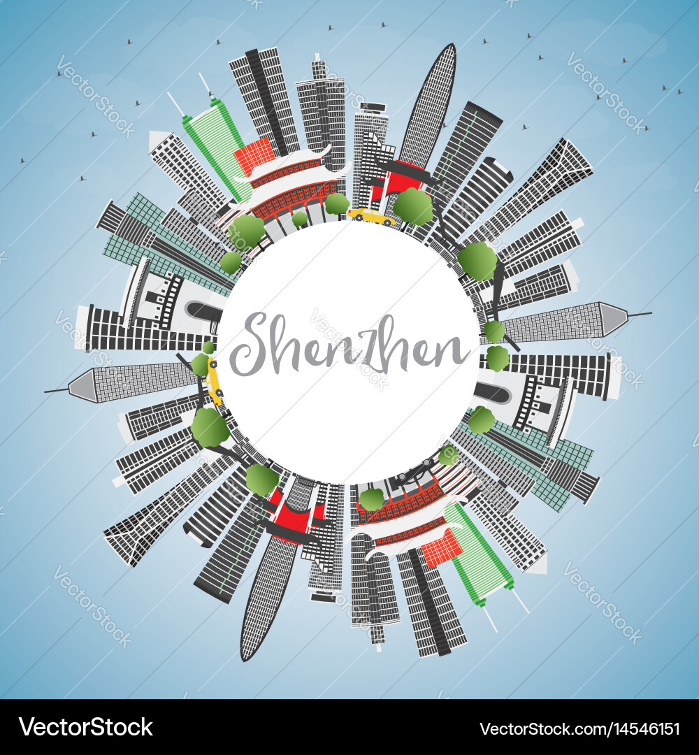 Shenzhen skyline with gray buildings blue sky Vector Image