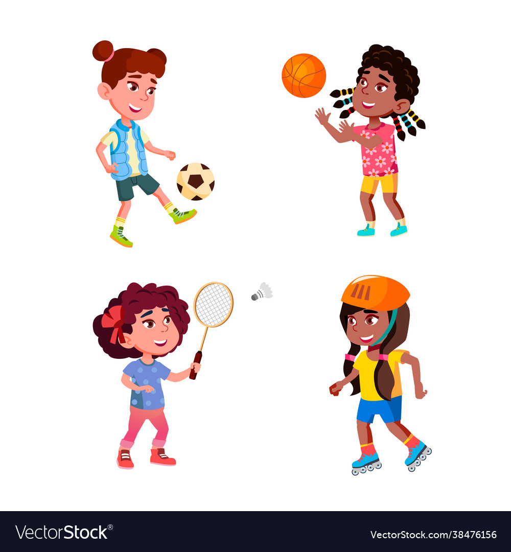 Girls children playing sportive game set Vector Image