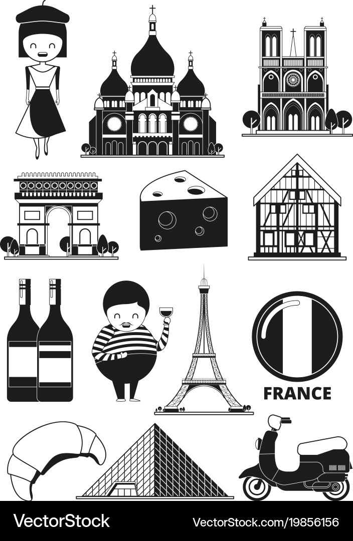 Monochrome french landmarks Royalty Free Vector Image