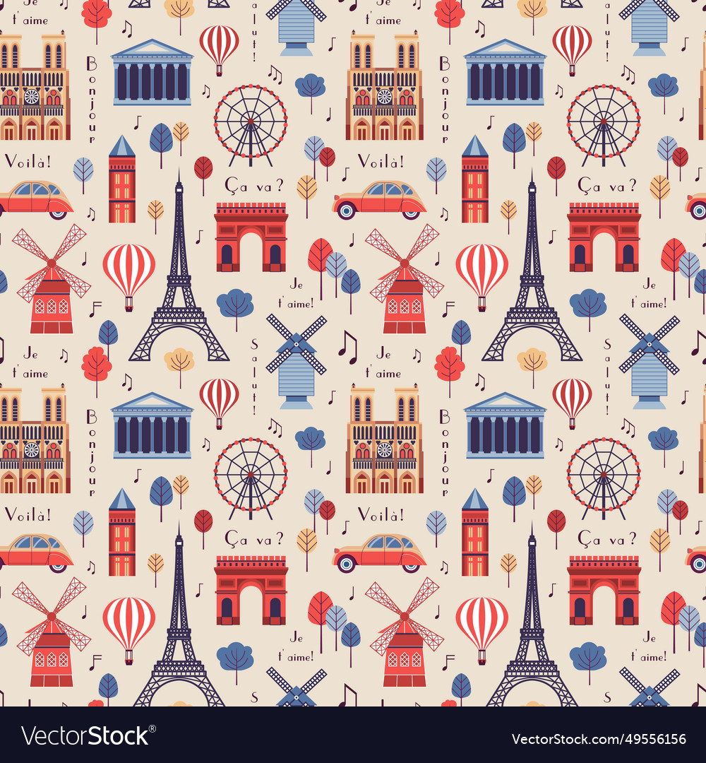 Paris famous landmarks vintage pattern Royalty Free Vector