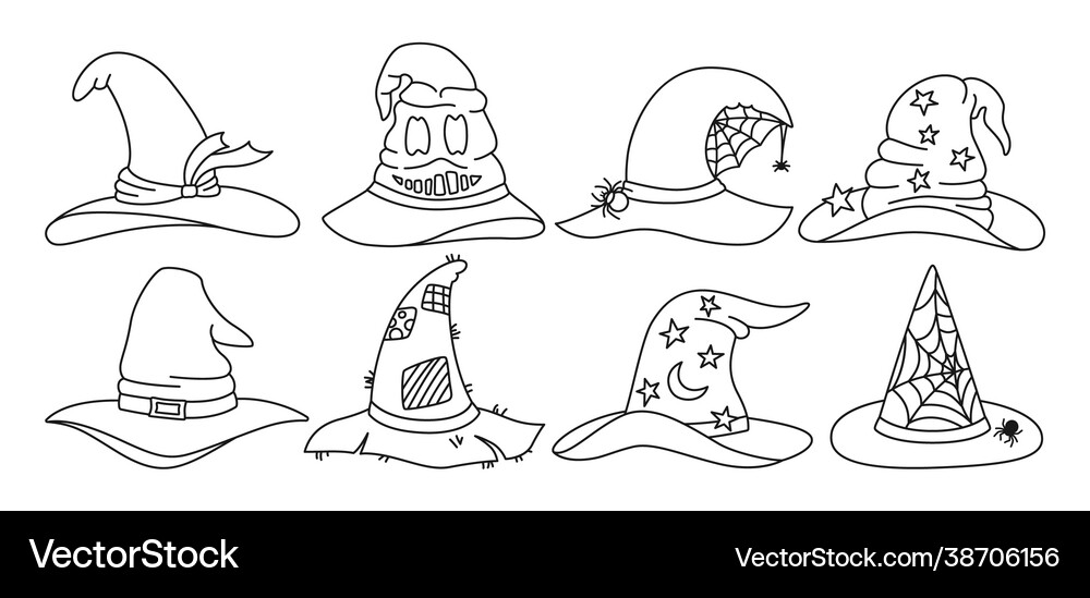 Witch hat halloween line doodle set magic Vector Image