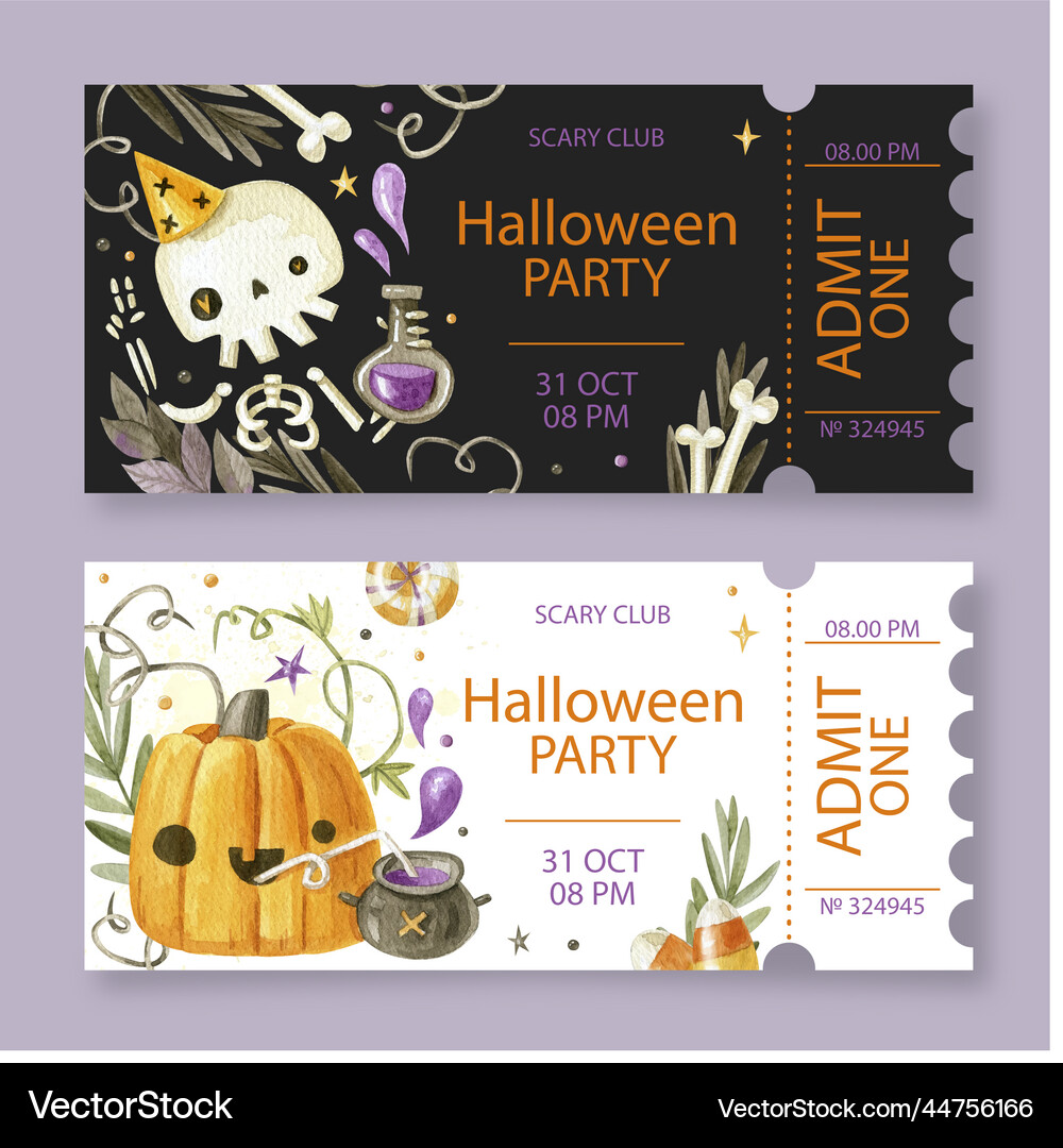Watercolor halloween tickets set design Royalty Free Vector