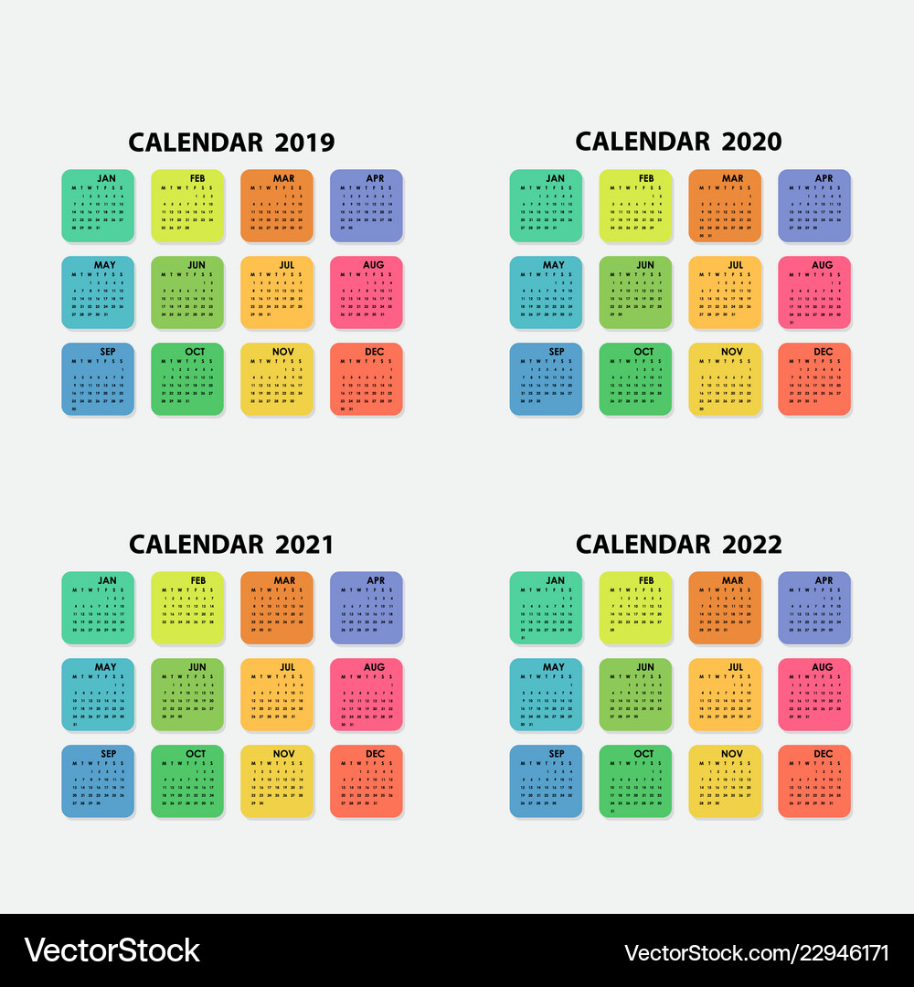Calendar 2019 2020 2021 and 2022 Royalty Free Vector Image