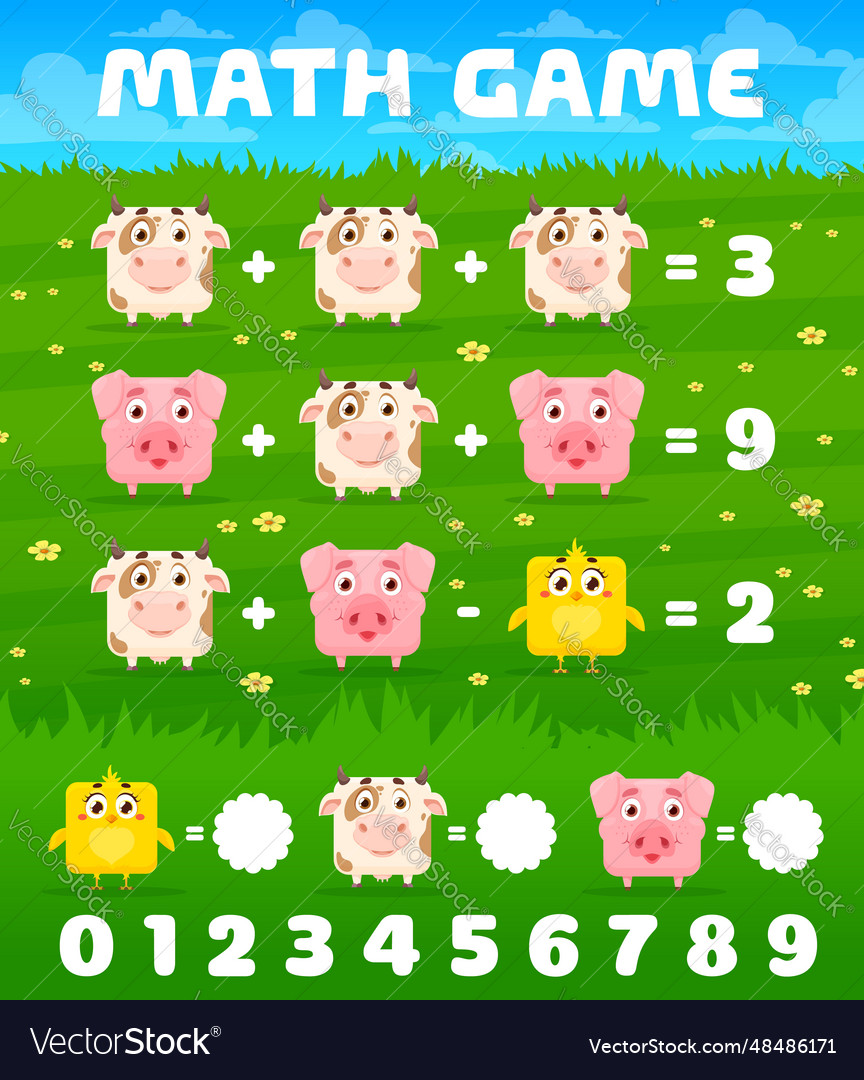 Cartoon square cow pig and chicken math game Vector Image