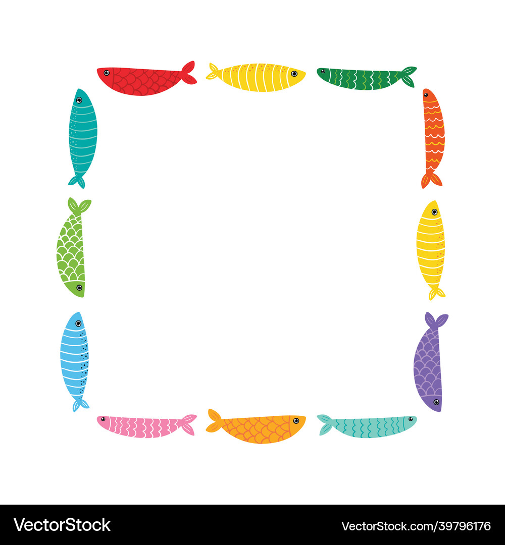 Decorated colorful fishes square frame Royalty Free Vector