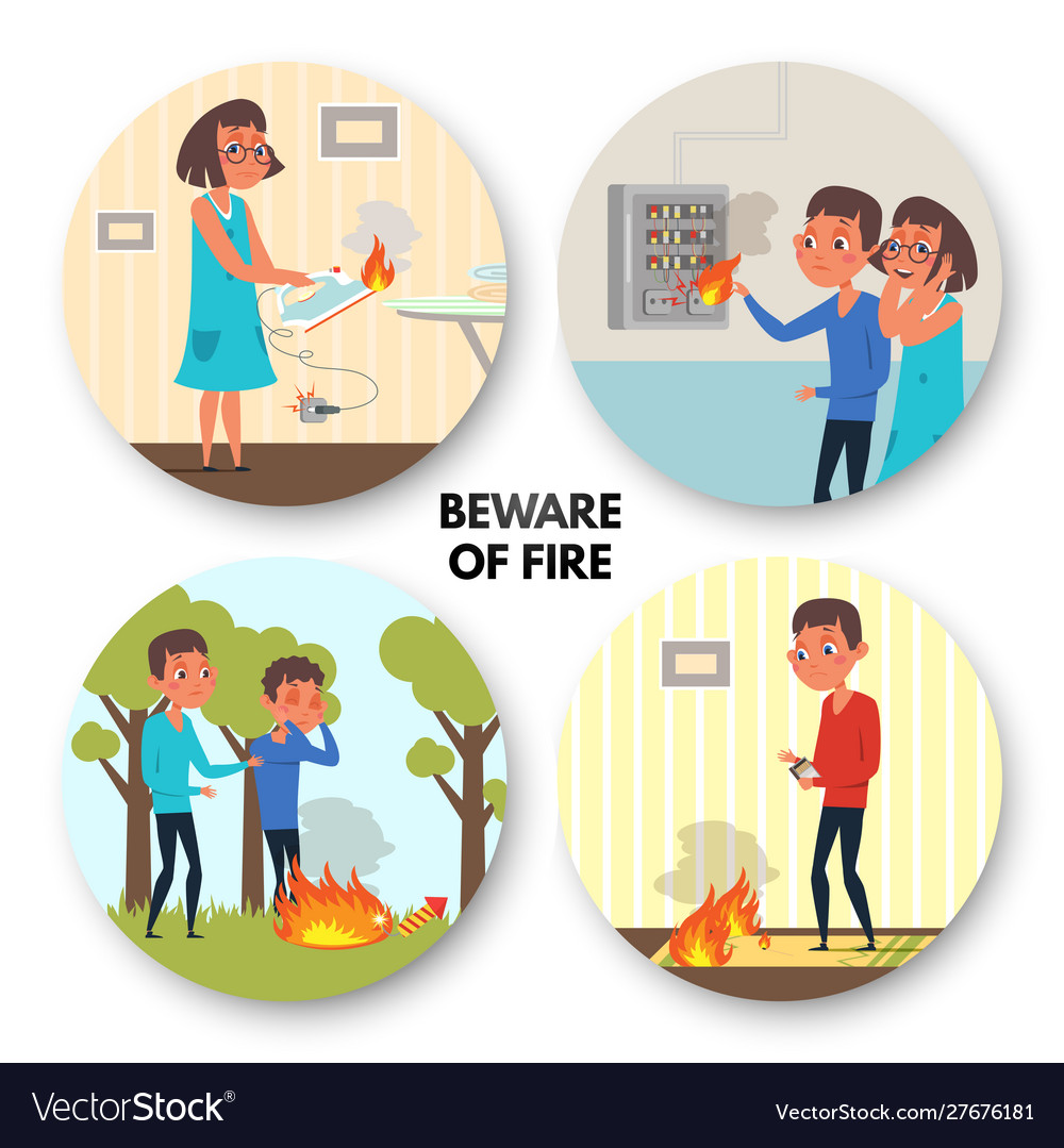 Beware fire flat set Royalty Free Vector Image
