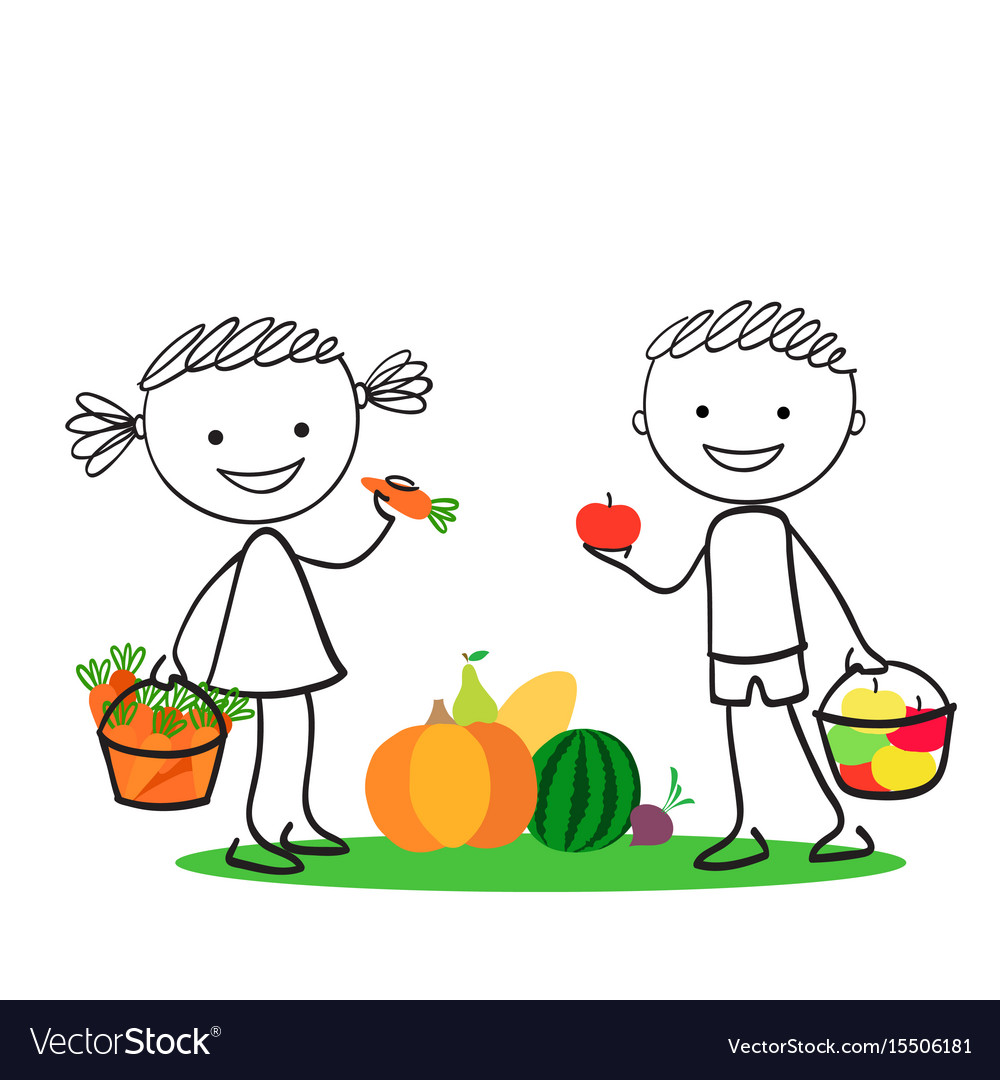 Boy and girl holding carrot and apples Royalty Free Vector