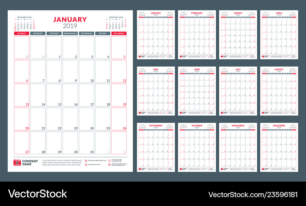 Calendar planner for 2019 year week starts Vector Image