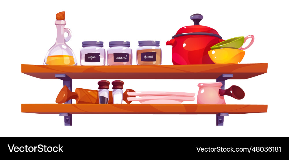 Kitchen shelf with utensils and seasoning jars Vector Image