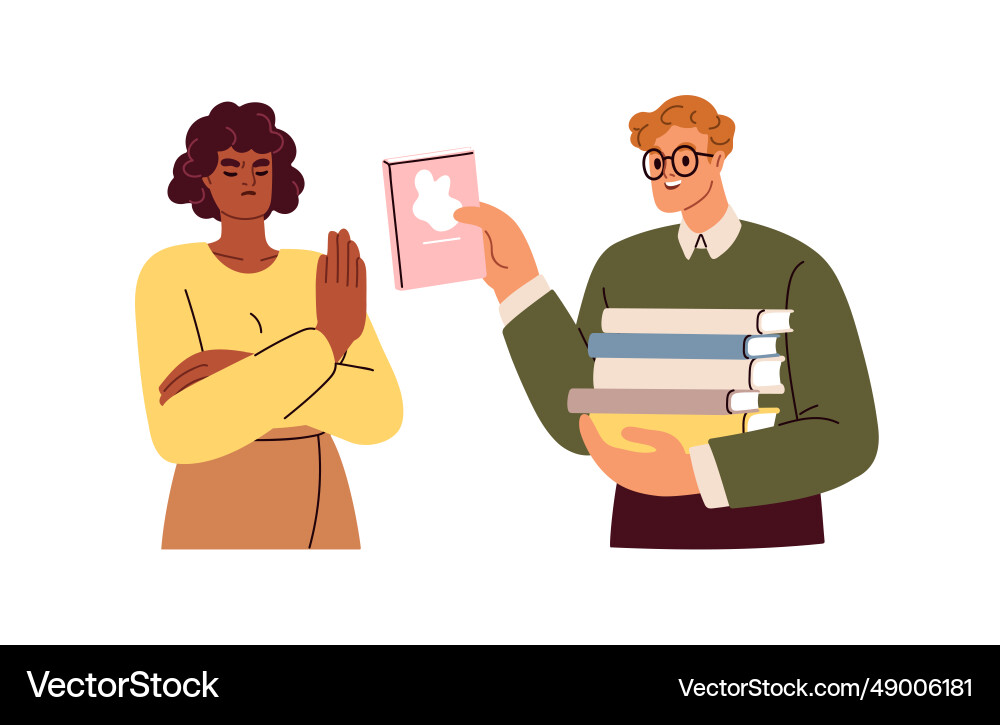 Man giving books to read woman refusing Royalty Free Vector