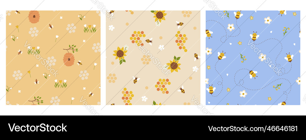 Set of seamless patterns with bees and flowers Vector Image