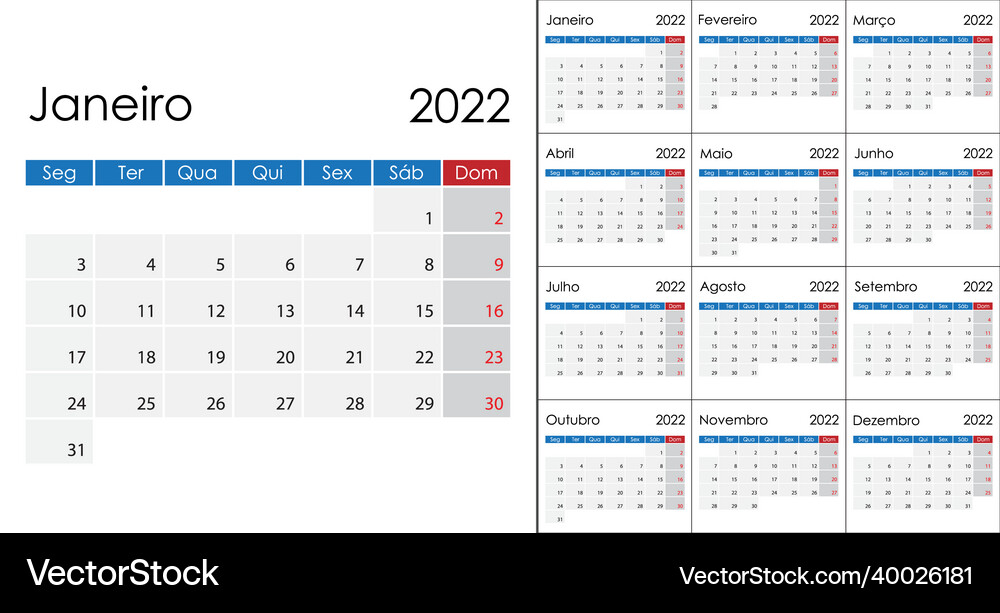 Simple calendar 2022 on portuguese language week Vector Image