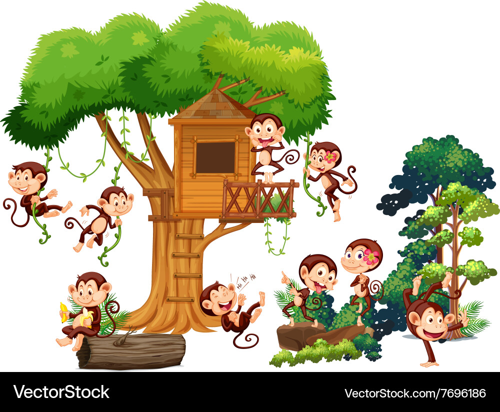 Monkeys playing and climbing up the treehouse Vector Image