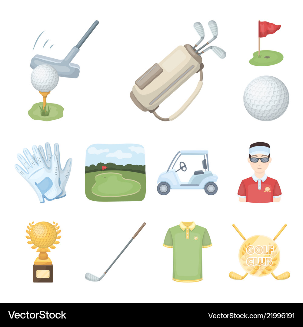Golf and attributes cartoon icons in set Vector Image