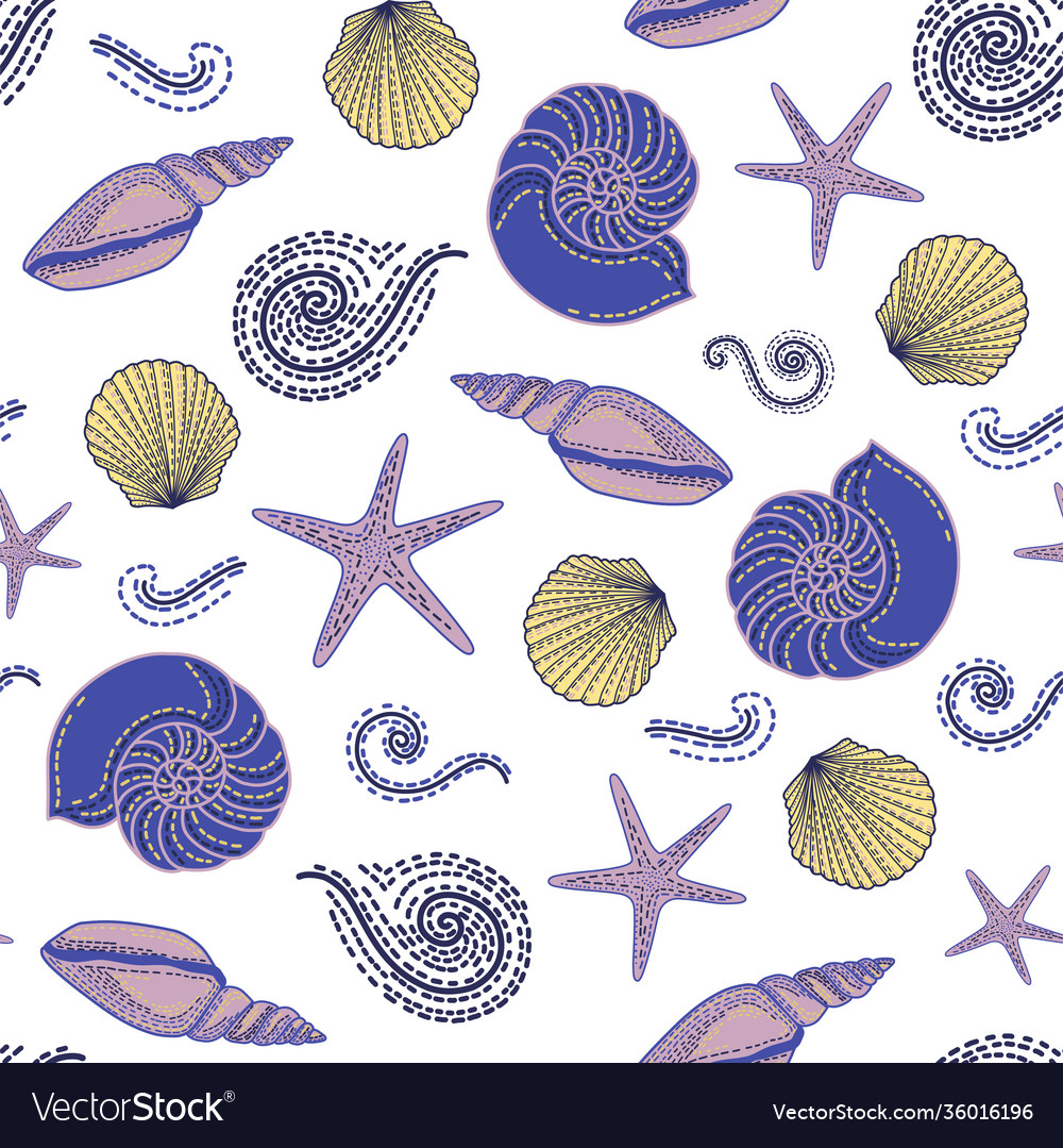 Seashells seamless pattern on white background Vector Image