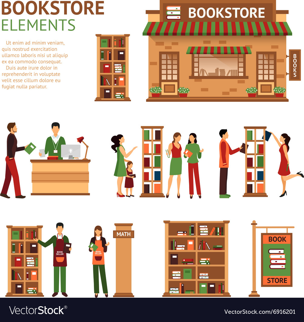 Flat Bookstore Elements Images Set Royalty Free Vector Image