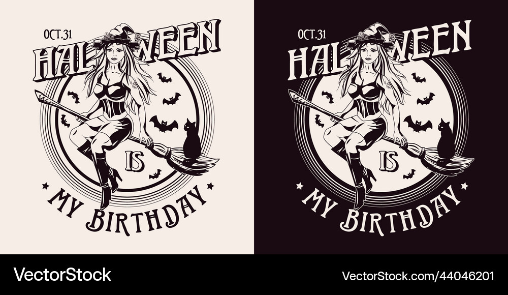 Monochrome emblem with young beautiful witch Vector Image