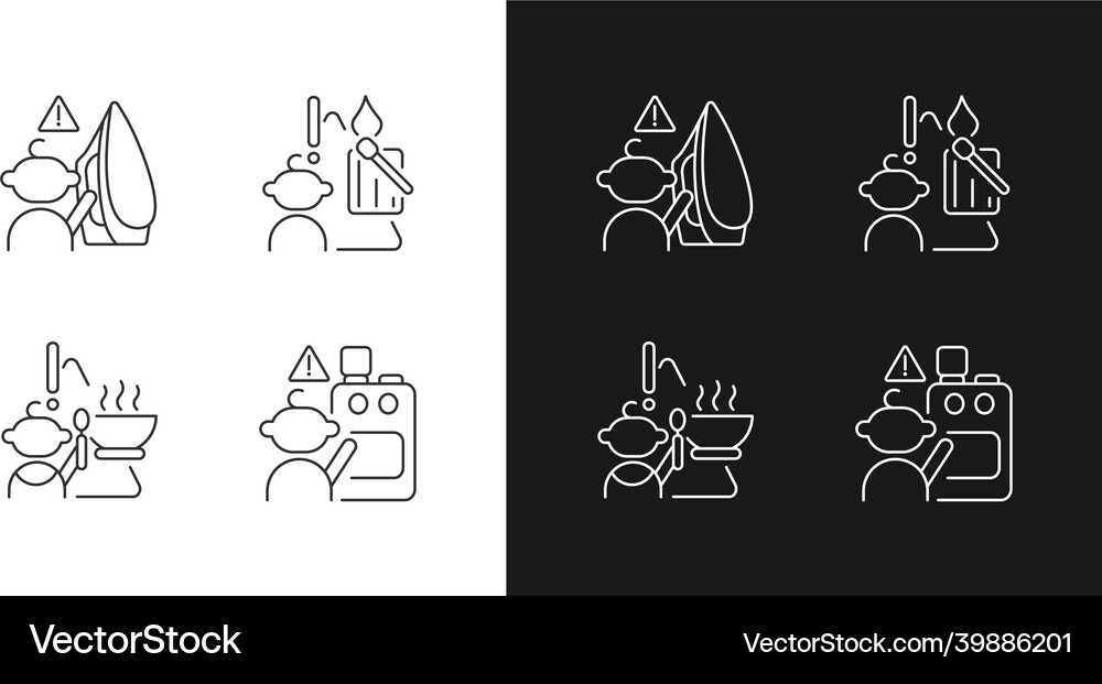 Skin burns danger linear icons set for dark Vector Image