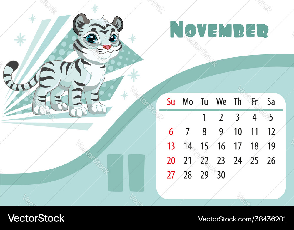 Tiger desk calendar design template for november Vector Image
