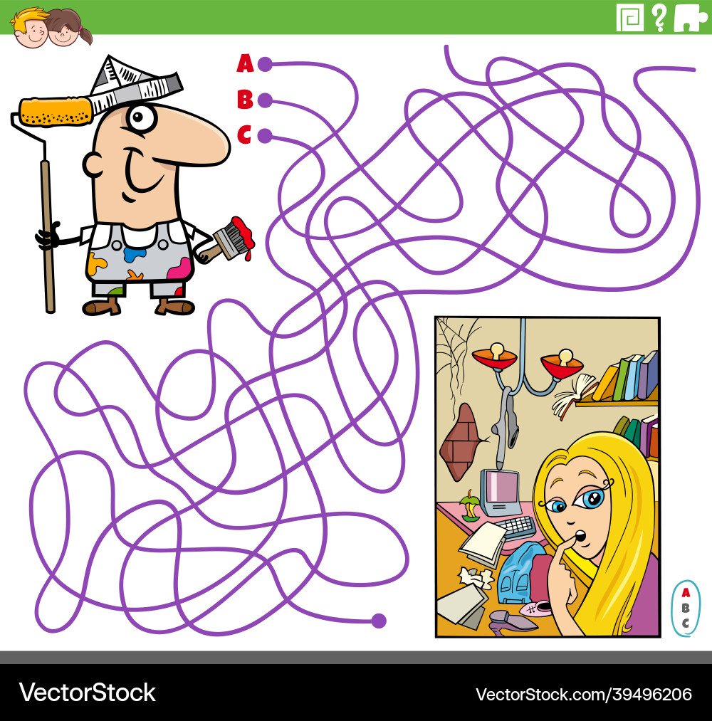 Maze game with cartoon painter and room Royalty Free Vector