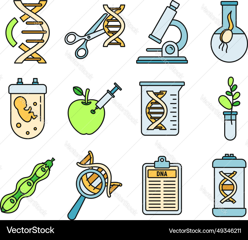 Dna genetic engineering icons set color Royalty Free Vector