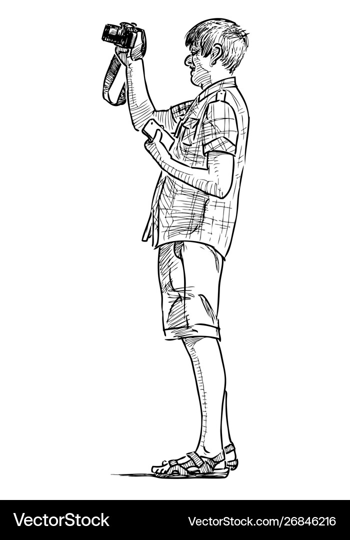 Sketch young tourist man standing with camera Vector Image