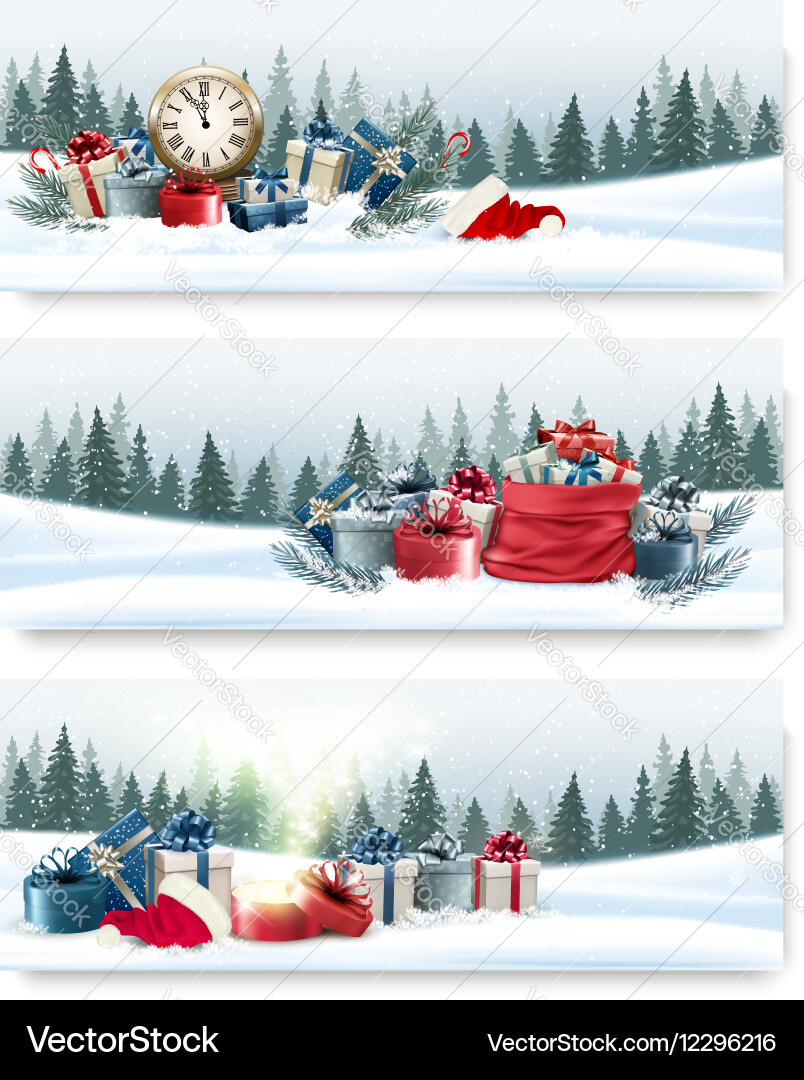 Three nature landscape christmas banners with gift