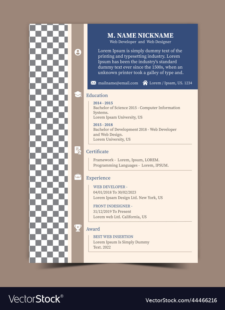 Web developer resume cv design template Royalty Free Vector