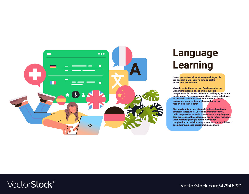Girl learning language on laptop online education Vector Image
