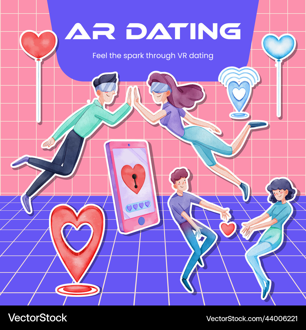 Sticker template with vr dating conceptwatercolor Vector Image