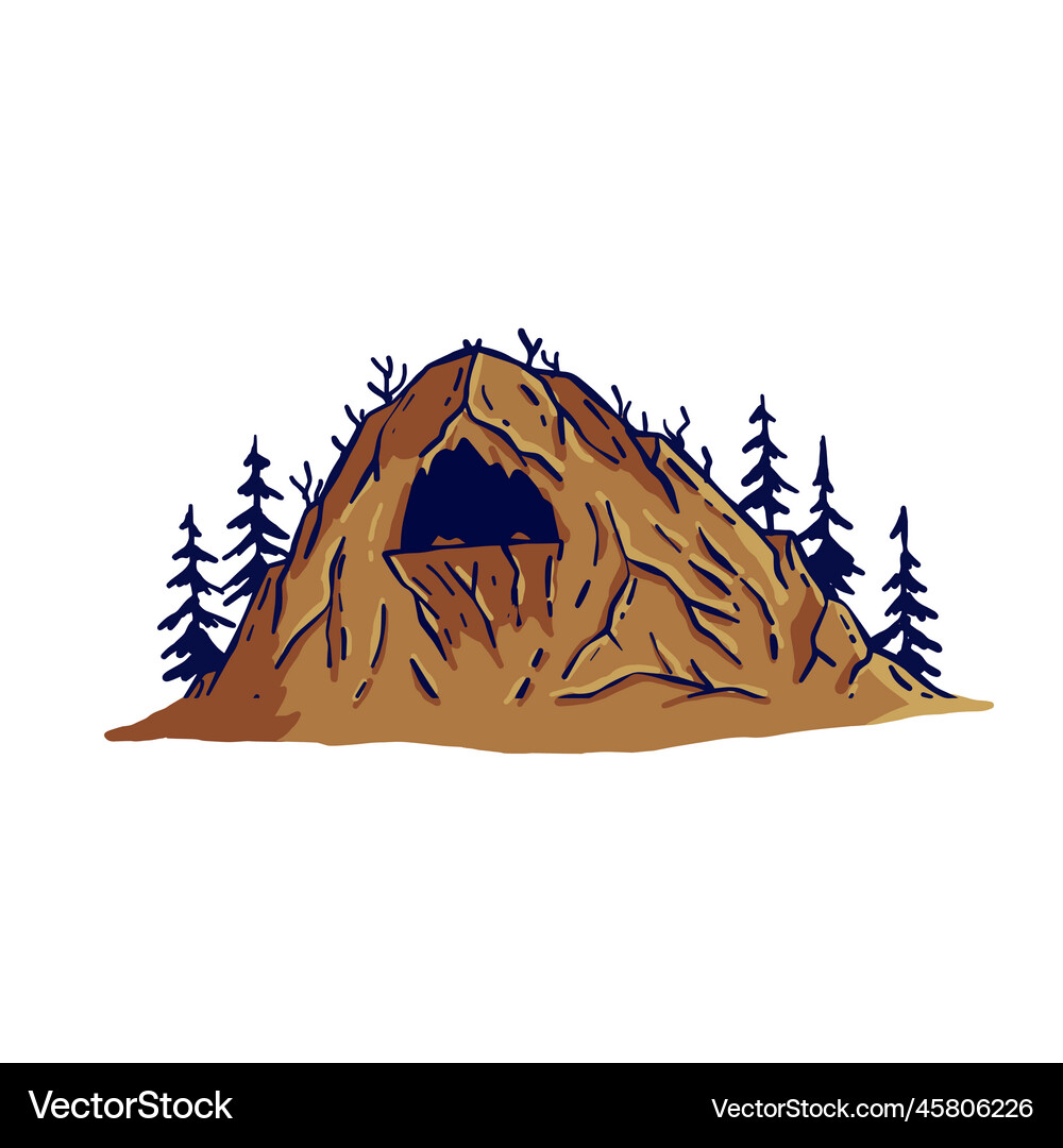 Cave in mountain in engraving style Royalty Free Vector