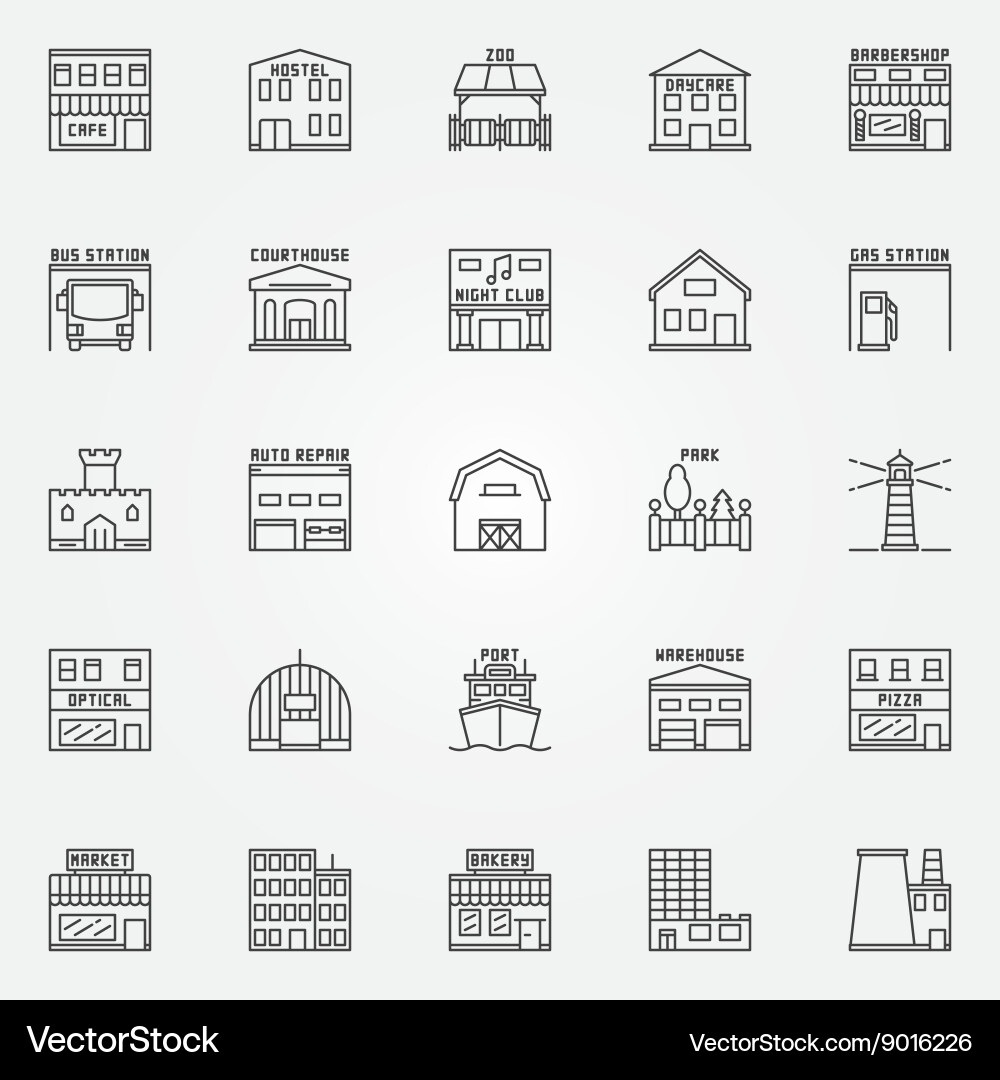 City buildings icons set Royalty Free Vector Image