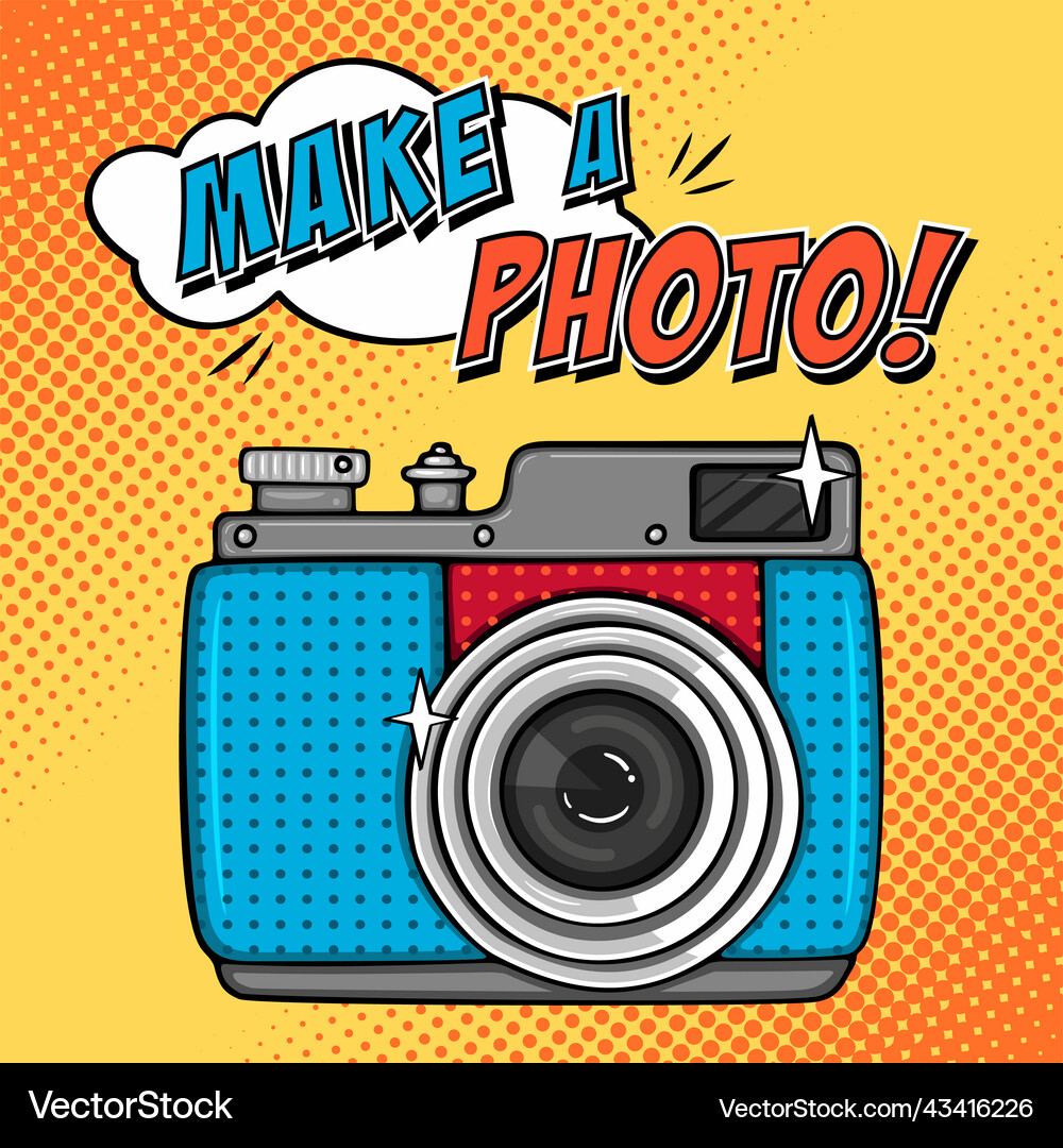 Comic with photo camera in pop art style Vector Image